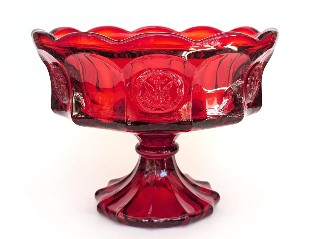 Vintage FOSTORIA Ruby Red Coin Glass Compote Pedestal Bowl W/ UV Glow ...