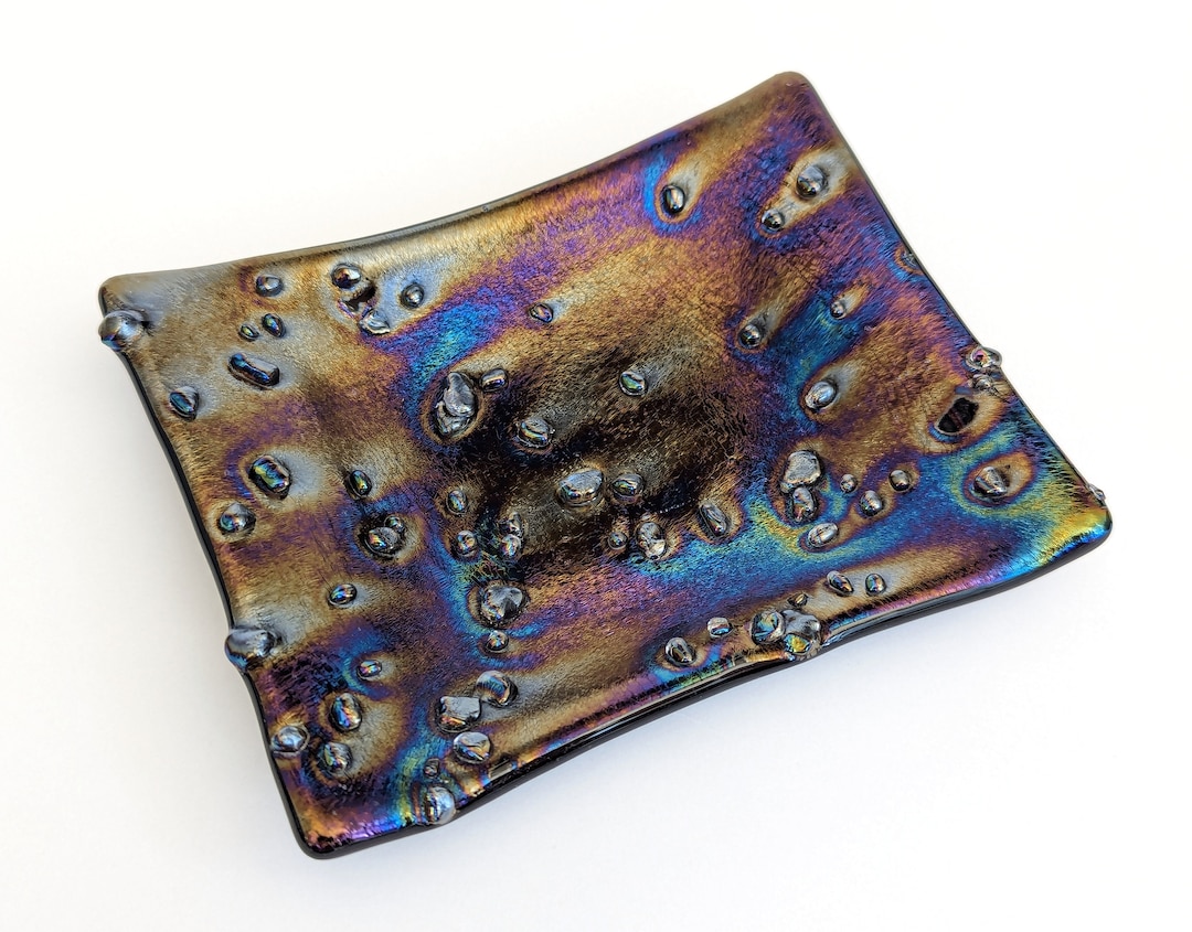 Vintage Fused Art Glass Oil Spill Color Ring or Trinket Dish W ...