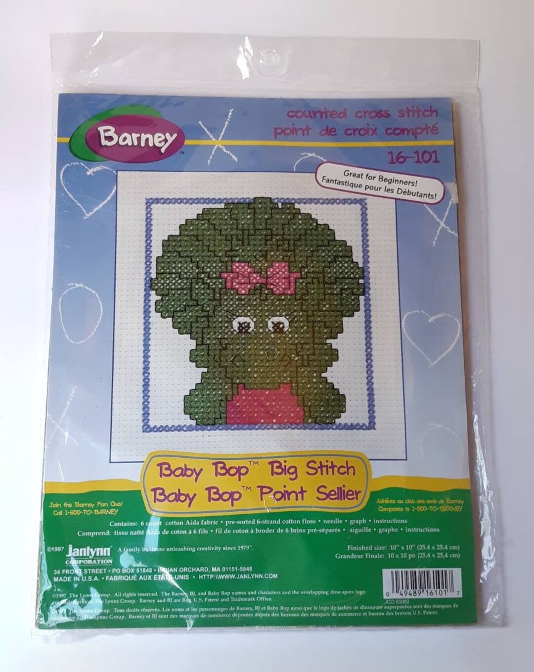 NIP 1997 Vtg. "barney" Baby Bop Counted Cross Stitch Kit by Janlynn ...