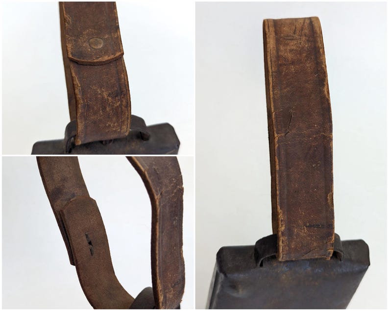 Older Vintage Primitive Cow Bell W/ Leather Strap- Fold Rivet Style ...