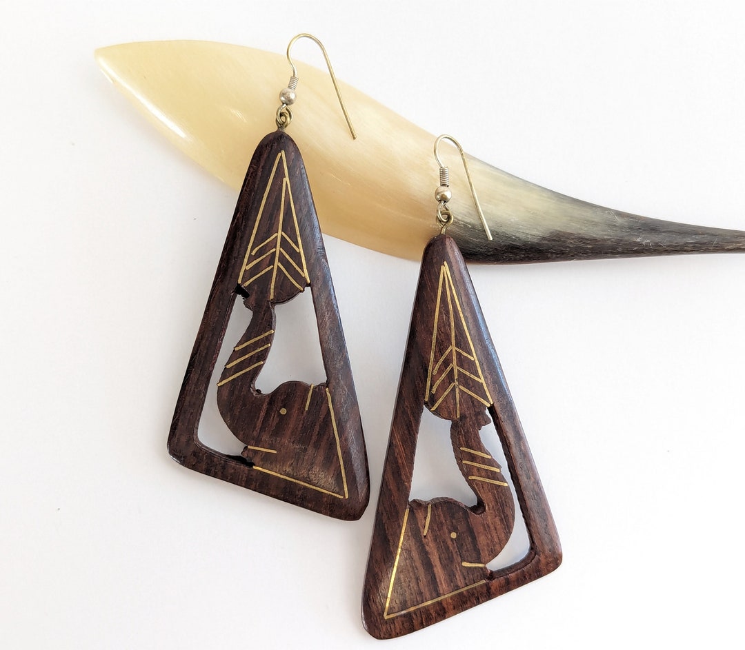 Vintage Boho Style Wood & Brass Wire Inlay Elephant Earrings Cut Out ...