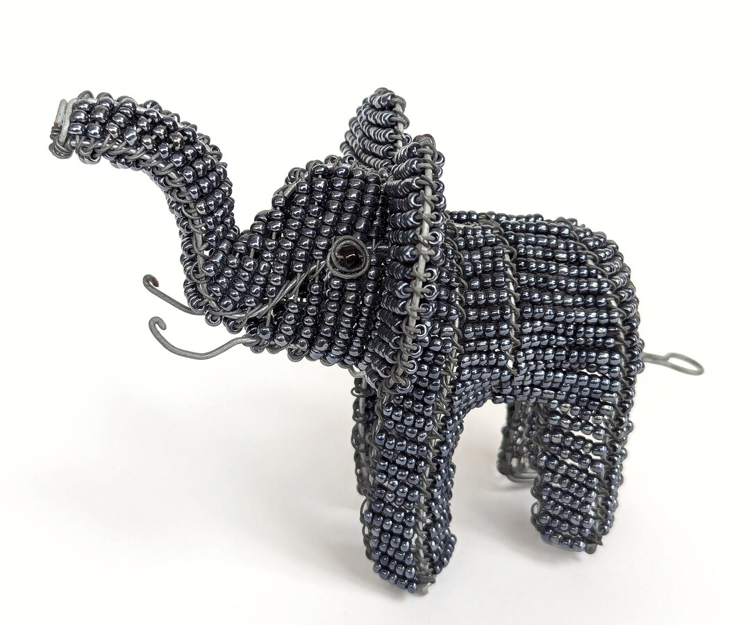Vintage Handmade Wire & Bead Elephant Figurine African Folk Art Trunk ...