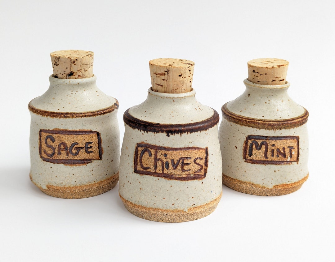 Lot of 3 Vintage Studio Pottery Spice Herb Jars- Mint Chives Sage ...