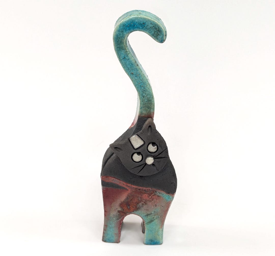 Vintage Raku Cat Figurine W/ Long Curled Tail- Handmade Studio Pottery ...