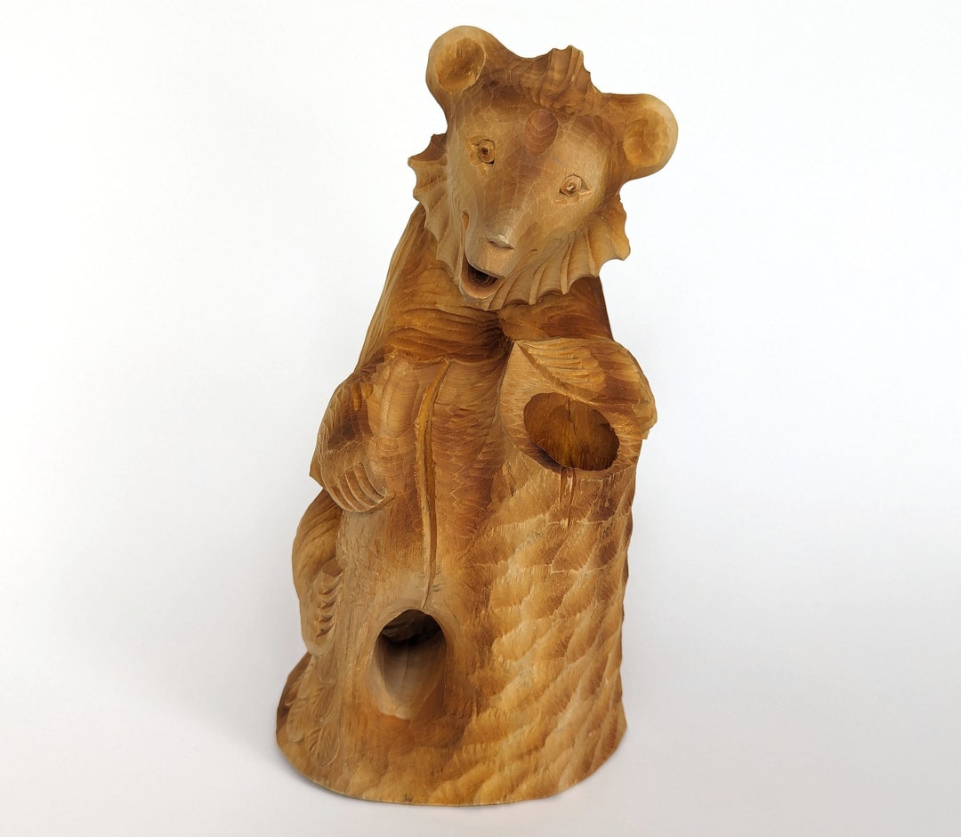 Vintage Hand Carved USSR Folk Art Bear Figurine- Dry Bud Vase Candle ...
