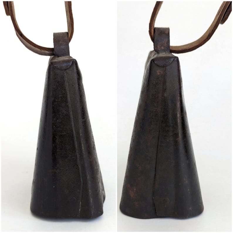 Older Vintage Primitive Cow Bell W/ Leather Strap- Fold Rivet Style ...