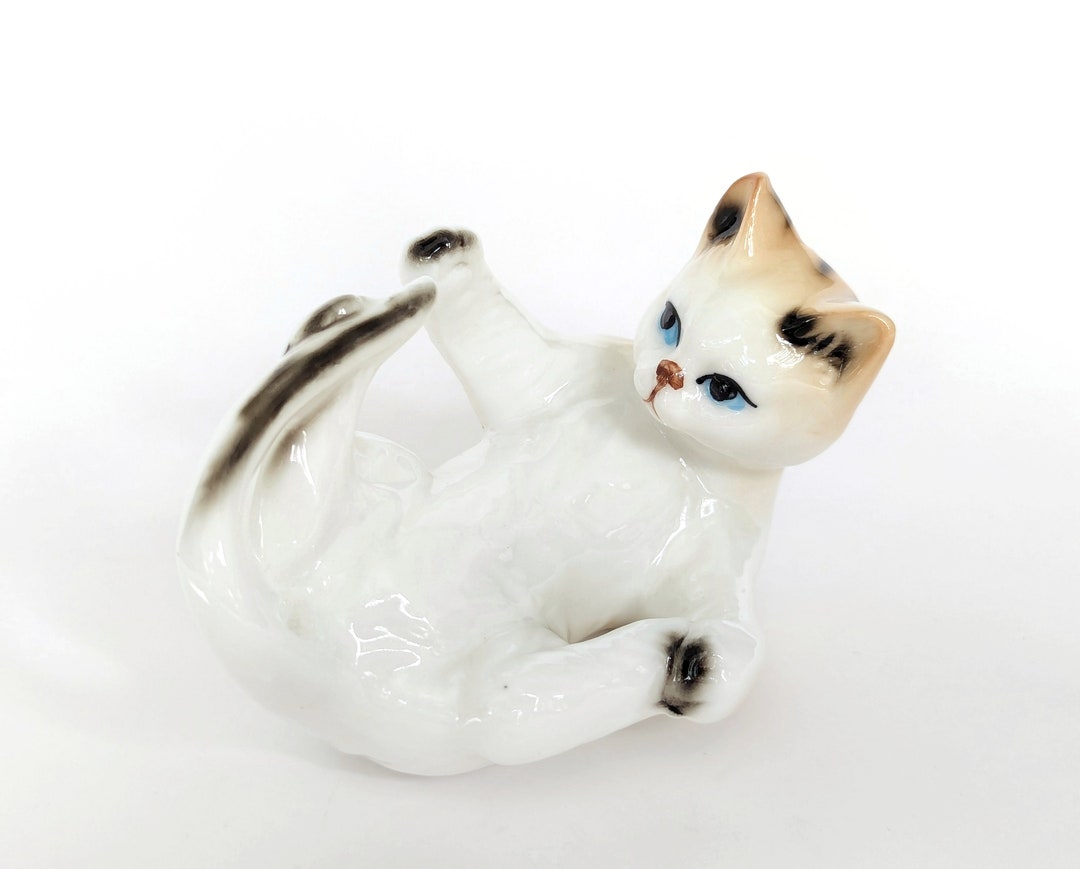 Vintage Bone China Playful Rolling Cat Figurine White Orange Tabby ...