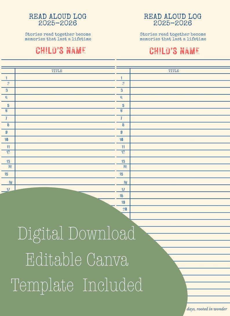 Read Aloud Log Printable | Homeschool Reading Tracker | Editable Canva ...