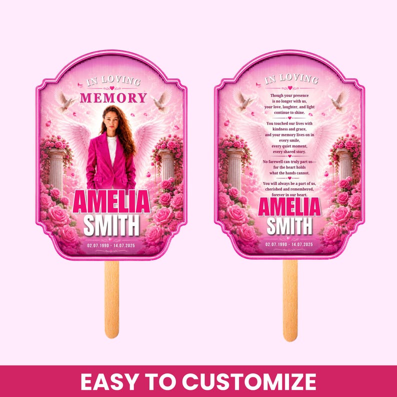 Pink Memorial Funeral Fan Template, Editable Celebration of Life Paddle ...