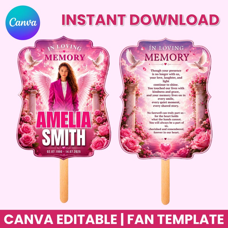 Pink Memorial Funeral Fan Template, Editable Celebration of Life Paddle ...