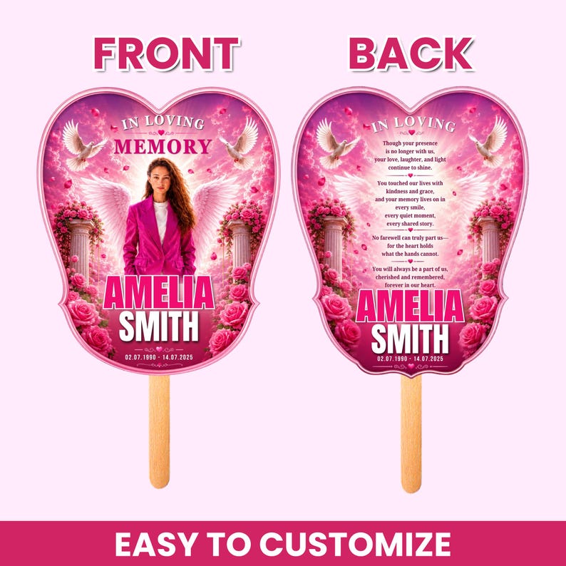 Pink Memorial Funeral Fan Template, Editable Celebration of Life Paddle ...