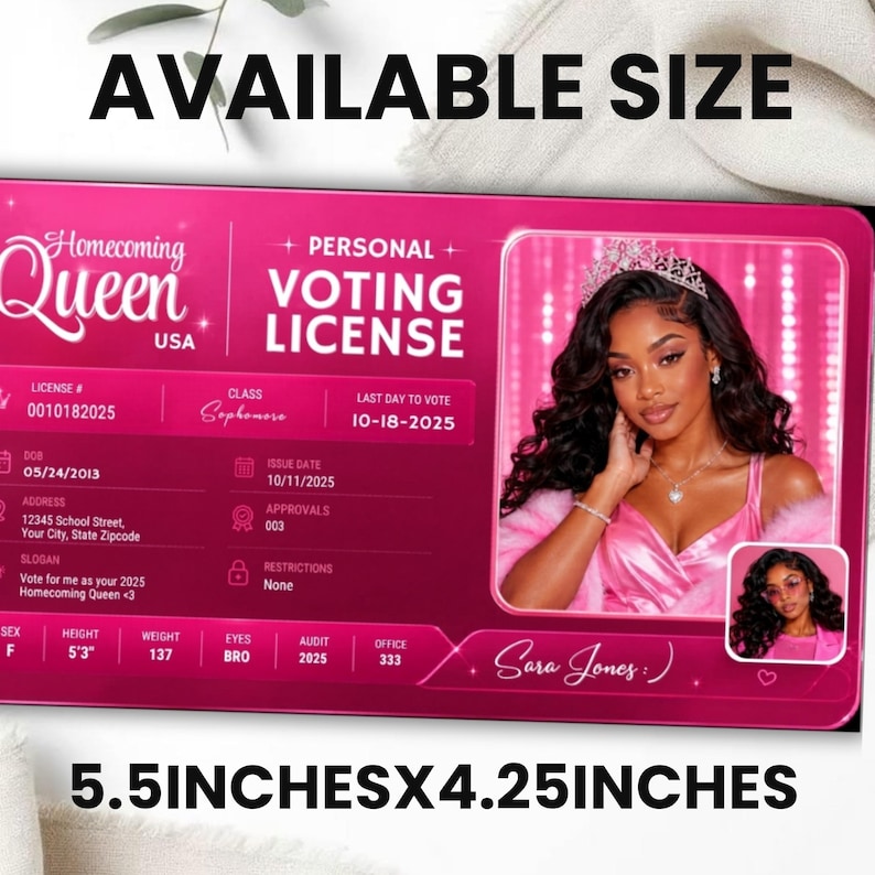 Homecoming Queen License Card Template | Editable HOCO Queen ID Card ...