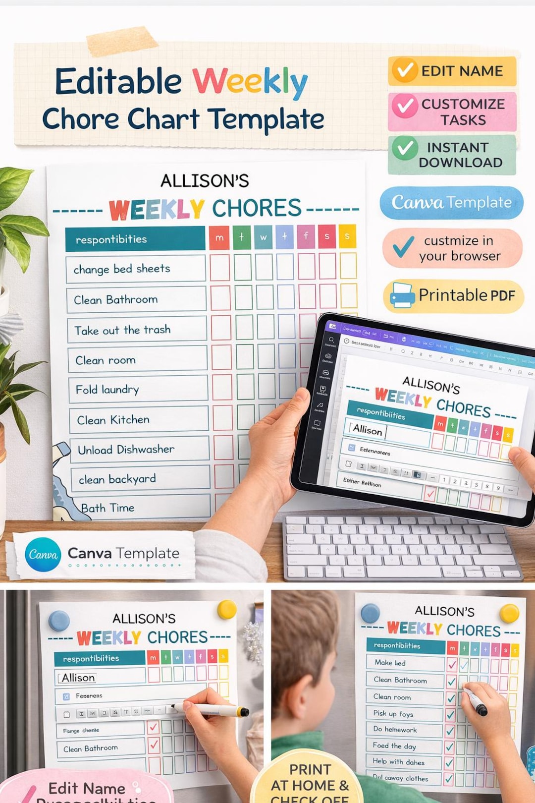 Editable Kids Weekly Chore Chart Canva Template | Customizable ...