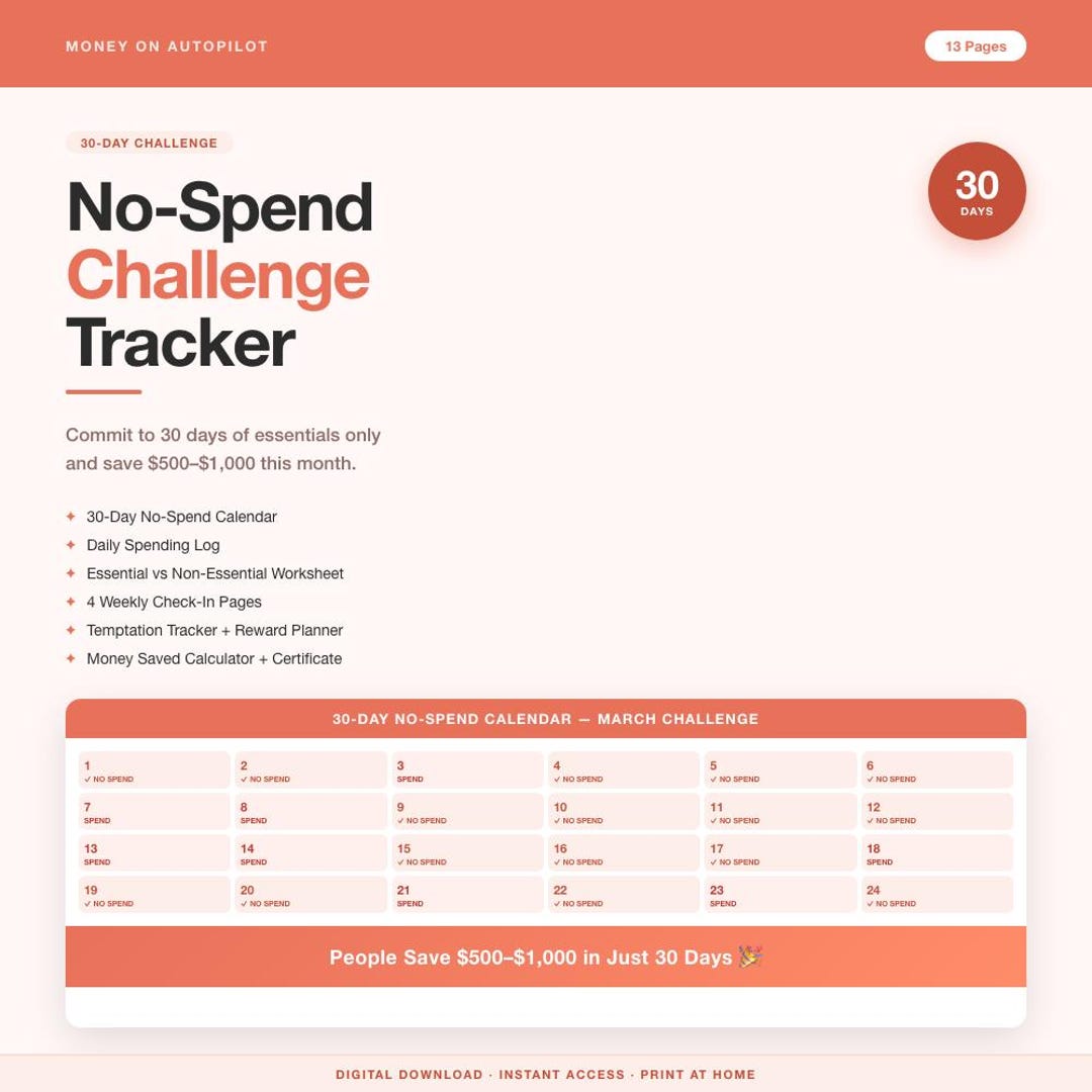30 Day No Spend Challenge Tracker Printable PDF, Save 500 Dollars ...