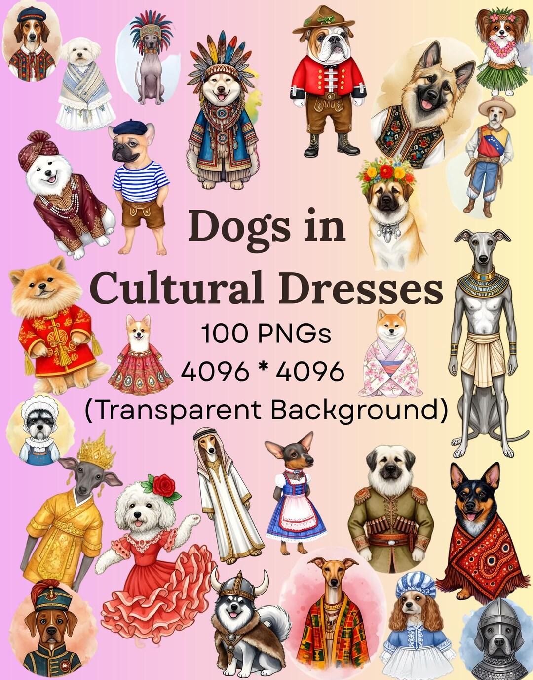 Watercolor Dog Clipart Bundle | Cultural Dress Pngs (PNG Digital ...