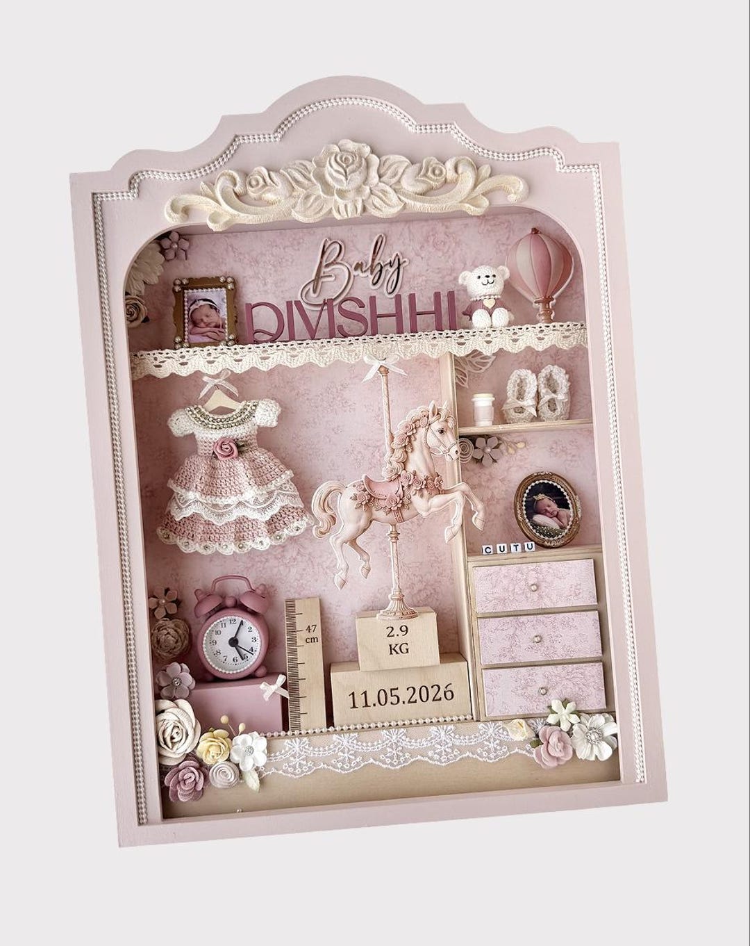 Personalized Baby Girl Birth Stats Shadow Box, Pink Carousel Nursery ...