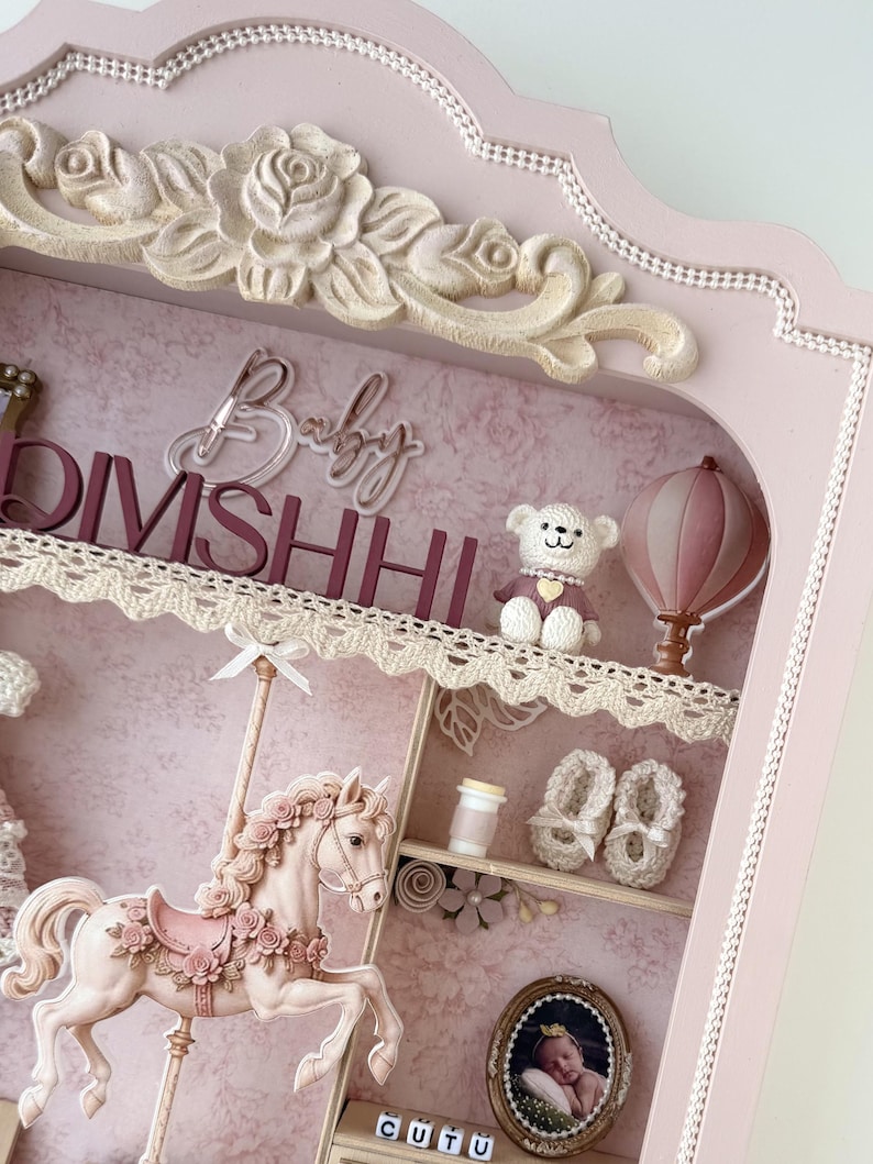 Personalized Baby Girl Birth Stats Shadow Box, Pink Carousel Nursery ...