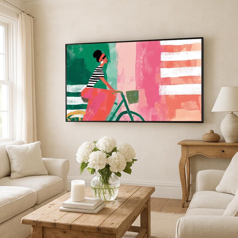 Retro Colorful Woman on Bicycle Frame TV Art Bold Modern Style (digital ...