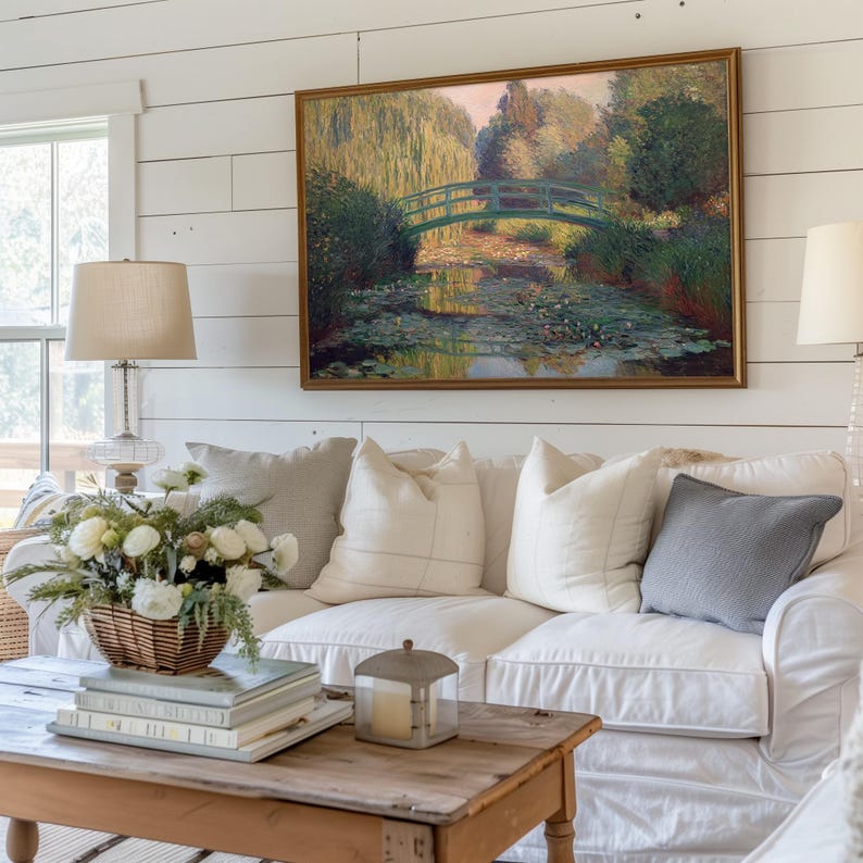 Serene Garden Bridge and Lilies Frame TV Art Pastoral Landscape ...