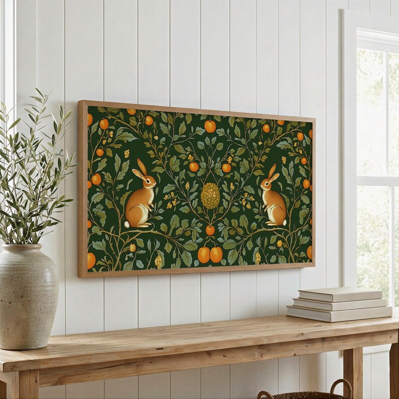 Rustic Vintage Rabbits on Vines Frame TV Art With Blossoms (digital ...