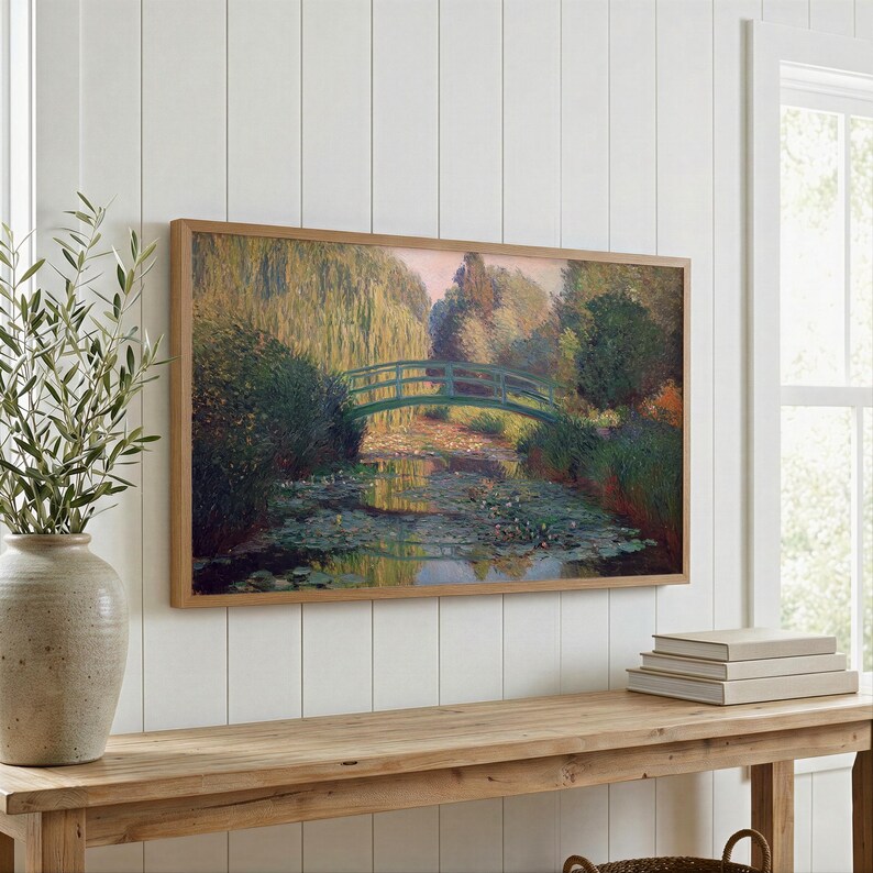 Serene Garden Bridge and Lilies Frame TV Art Pastoral Landscape ...