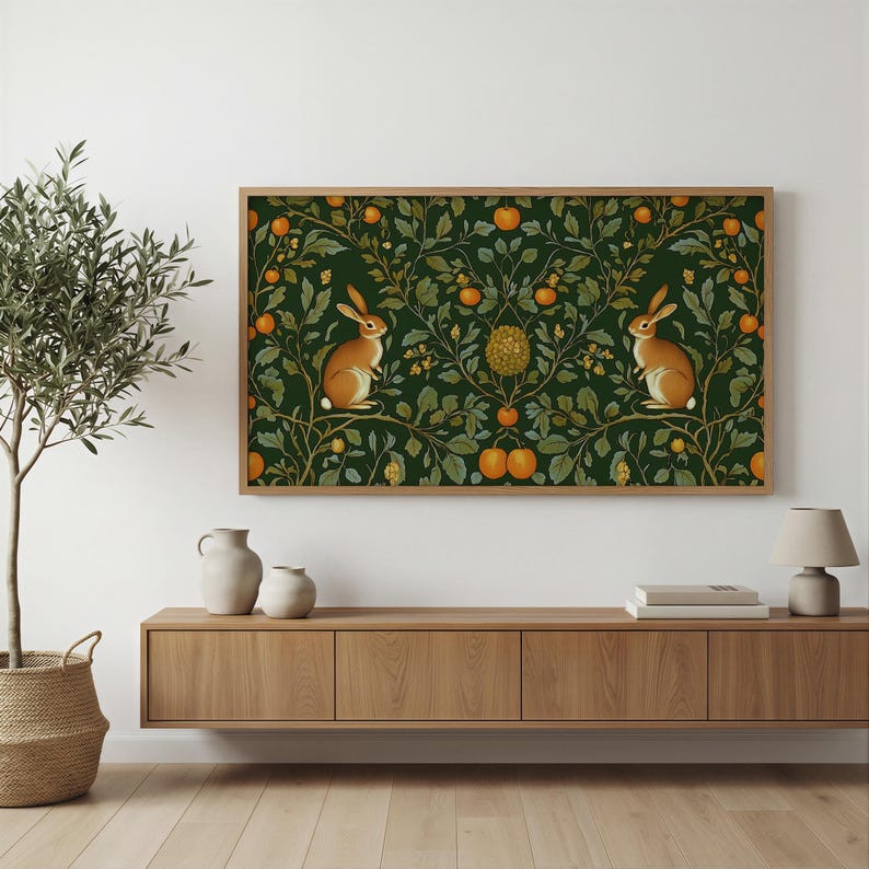 Rustic Vintage Rabbits on Vines Frame TV Art With Blossoms (digital ...