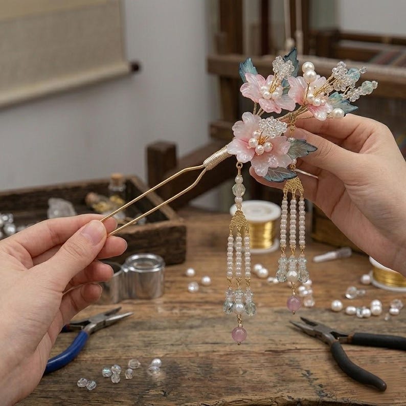 Handmade Pink Cherry Blossom Hair Stick – Glass Petals, Pearl Tassels ...