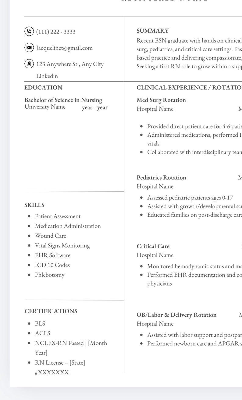 Classic New Grad RN Resume Template | Canva | Registered Nurse | BSN ...