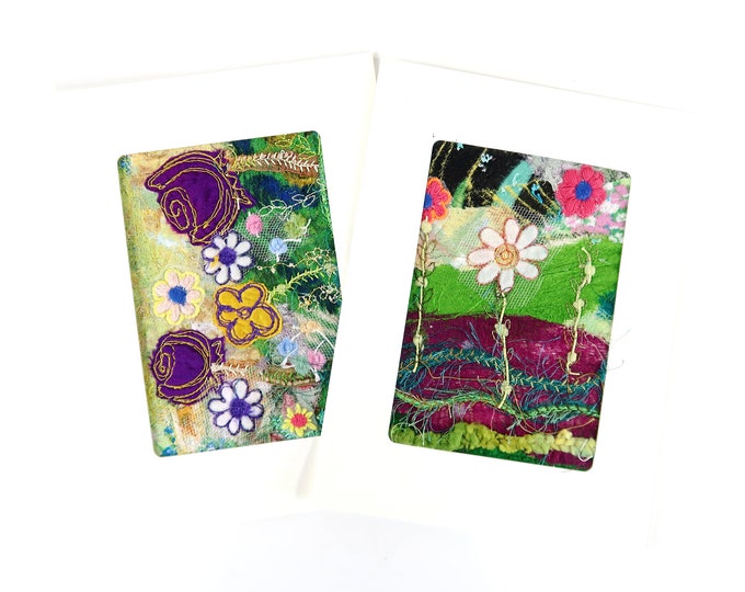 2 Handmade Textile Art Cards, Fabric Art Cards, Blank Greeting Cards ...