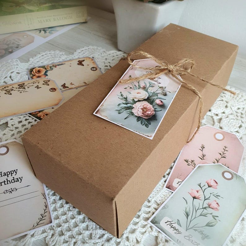 Vintage Botanical Birthday Gift Tags, Shabby Chic Printable Ephemera ...