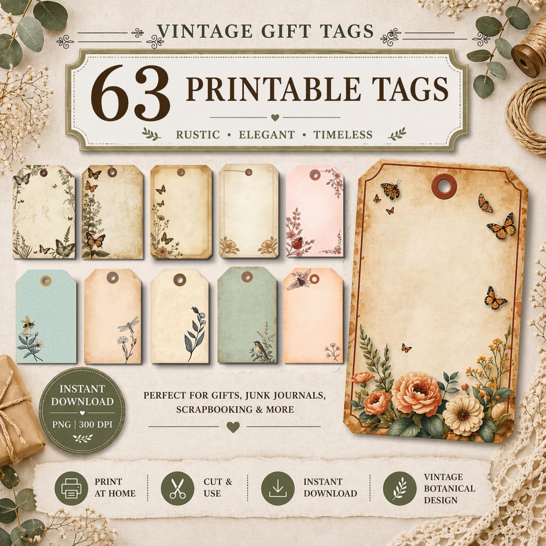 63 Vintage Botanical Gift Tags, Printable Junk Journal Ephemera ...