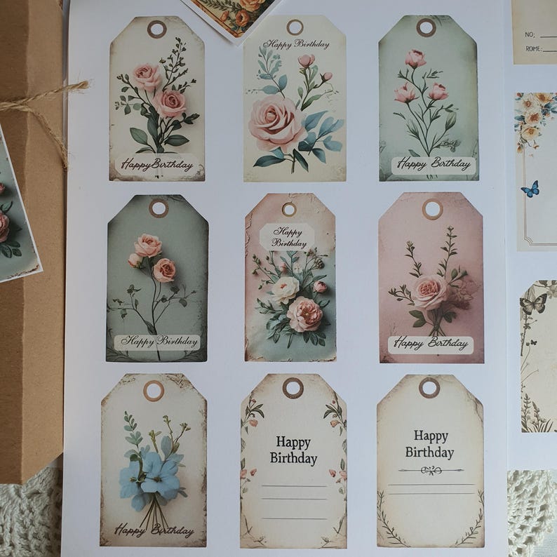 Vintage Botanical Birthday Gift Tags, Shabby Chic Printable Ephemera ...
