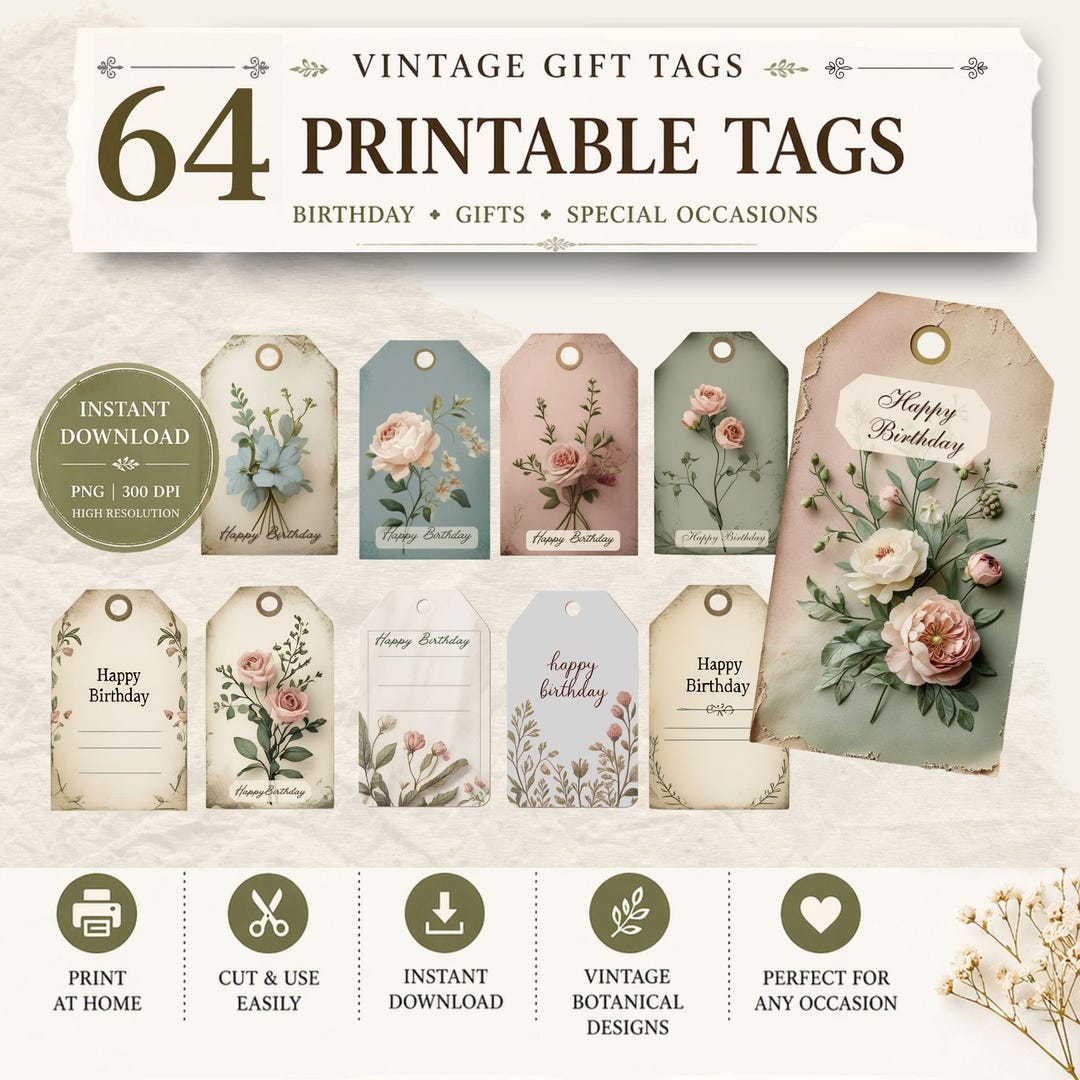 Vintage Botanical Birthday Gift Tags, Shabby Chic Printable Ephemera ...