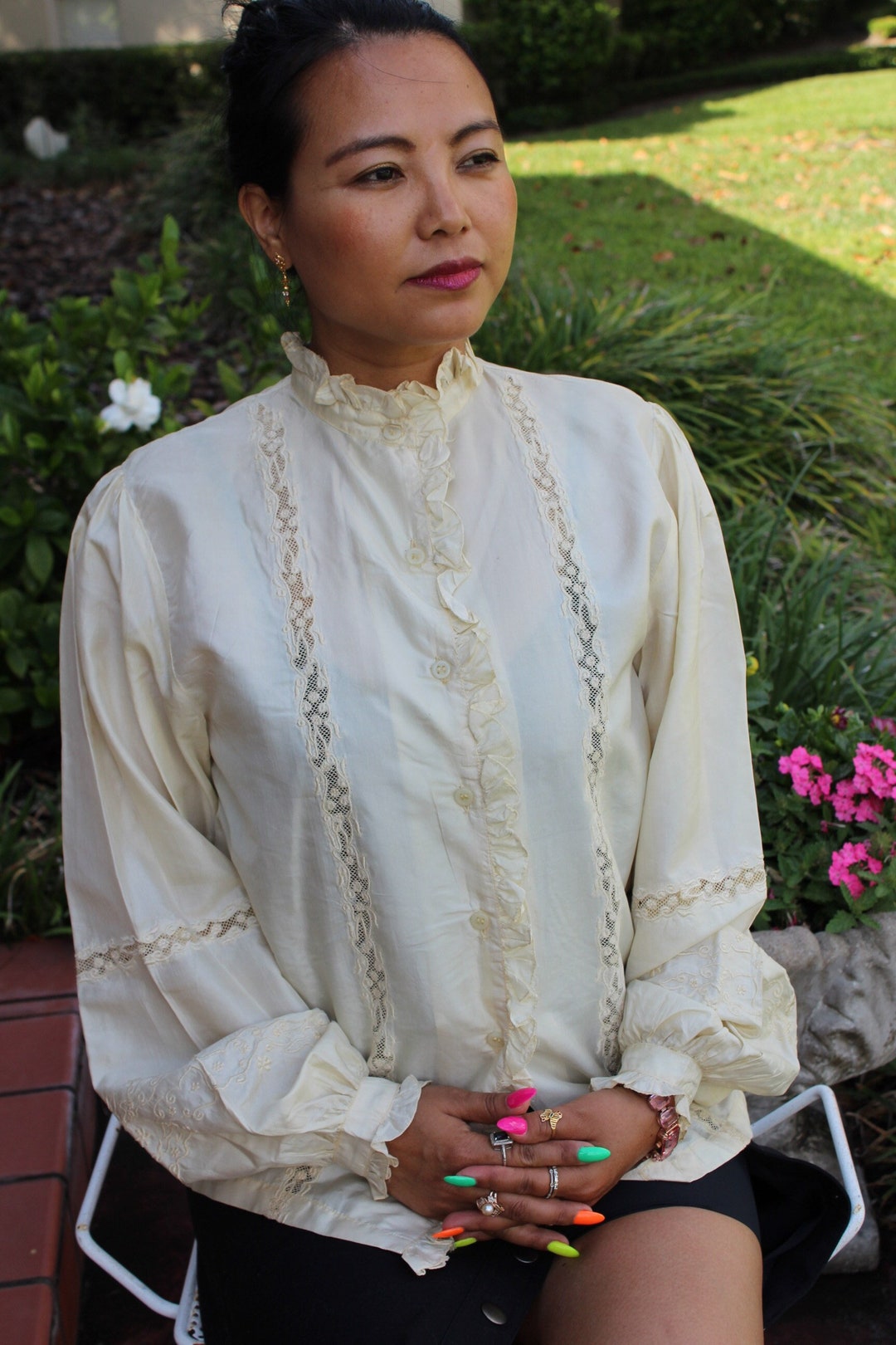 Vintage 80s Silk Blouse: Victorian Style Ruffle Collar, Size M - Etsy