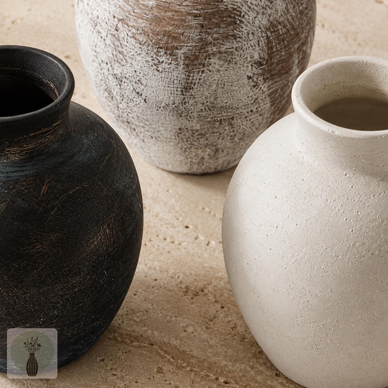 Rustic Ceramic Vase Set of 3, Textured Matte Pottery Jars, Black White ...