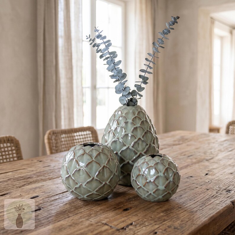Green Ceramic Vase, Rustic Farmhouse Decor, Textured Bubble Flower ...