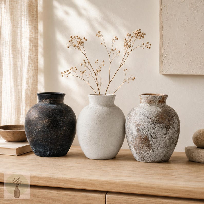 Rustic Ceramic Vase Set of 3, Textured Matte Pottery Jars, Black White ...