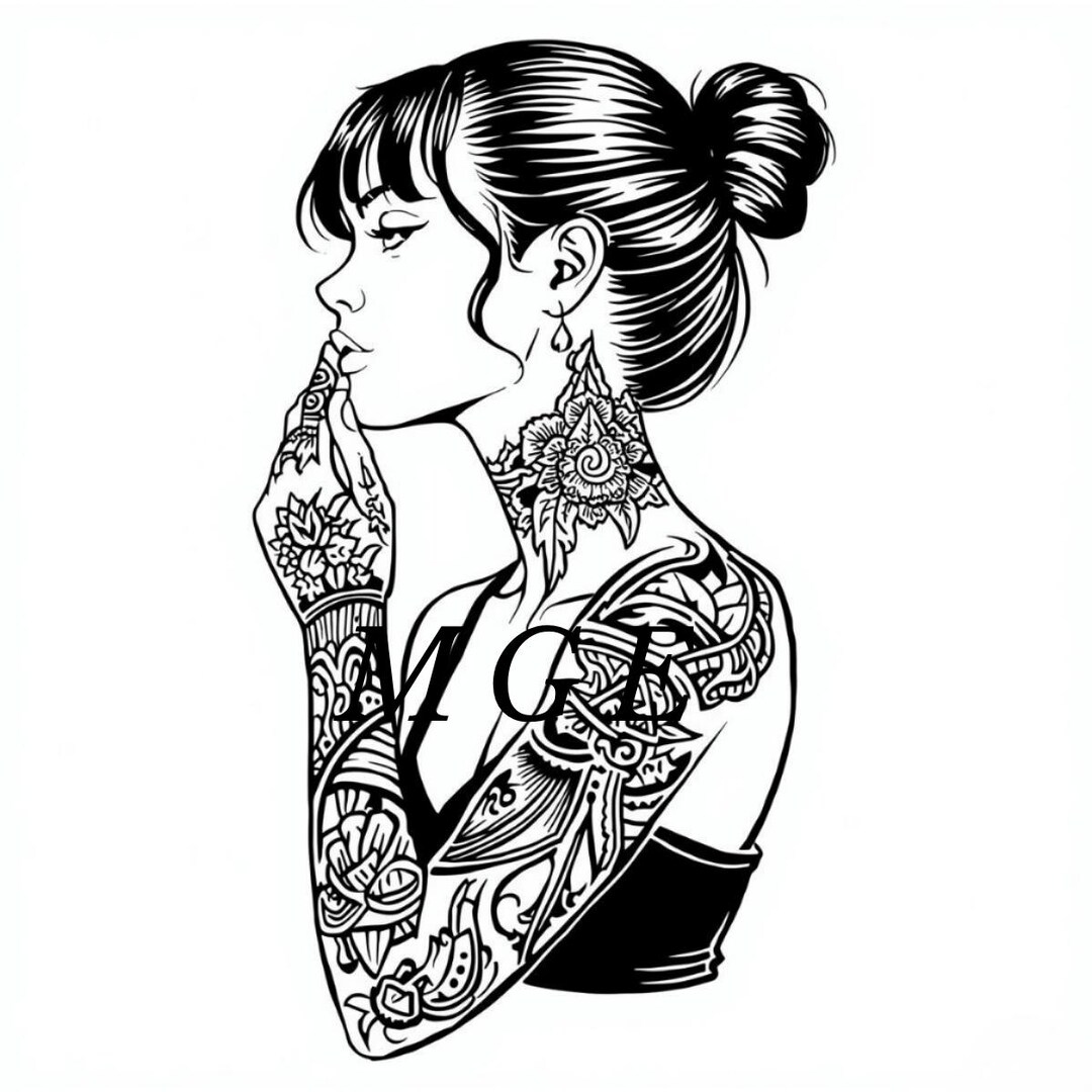 Floral Arm Sleeve Woman Tattoo Stencil Png Svg Fine Line Portrait