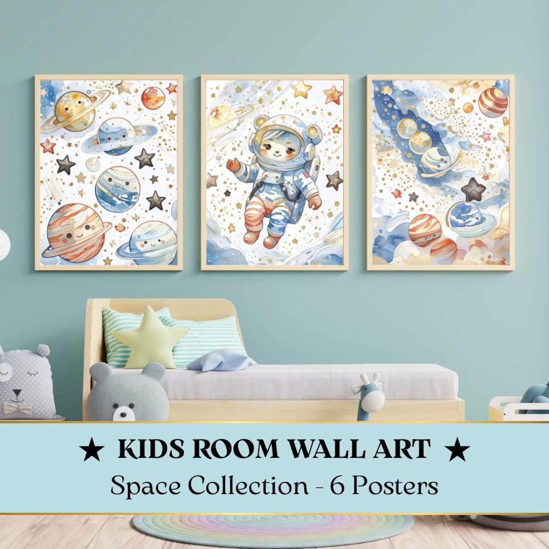Kids Space Themed Posters, Solar System Planets Astronauts Nursery ...