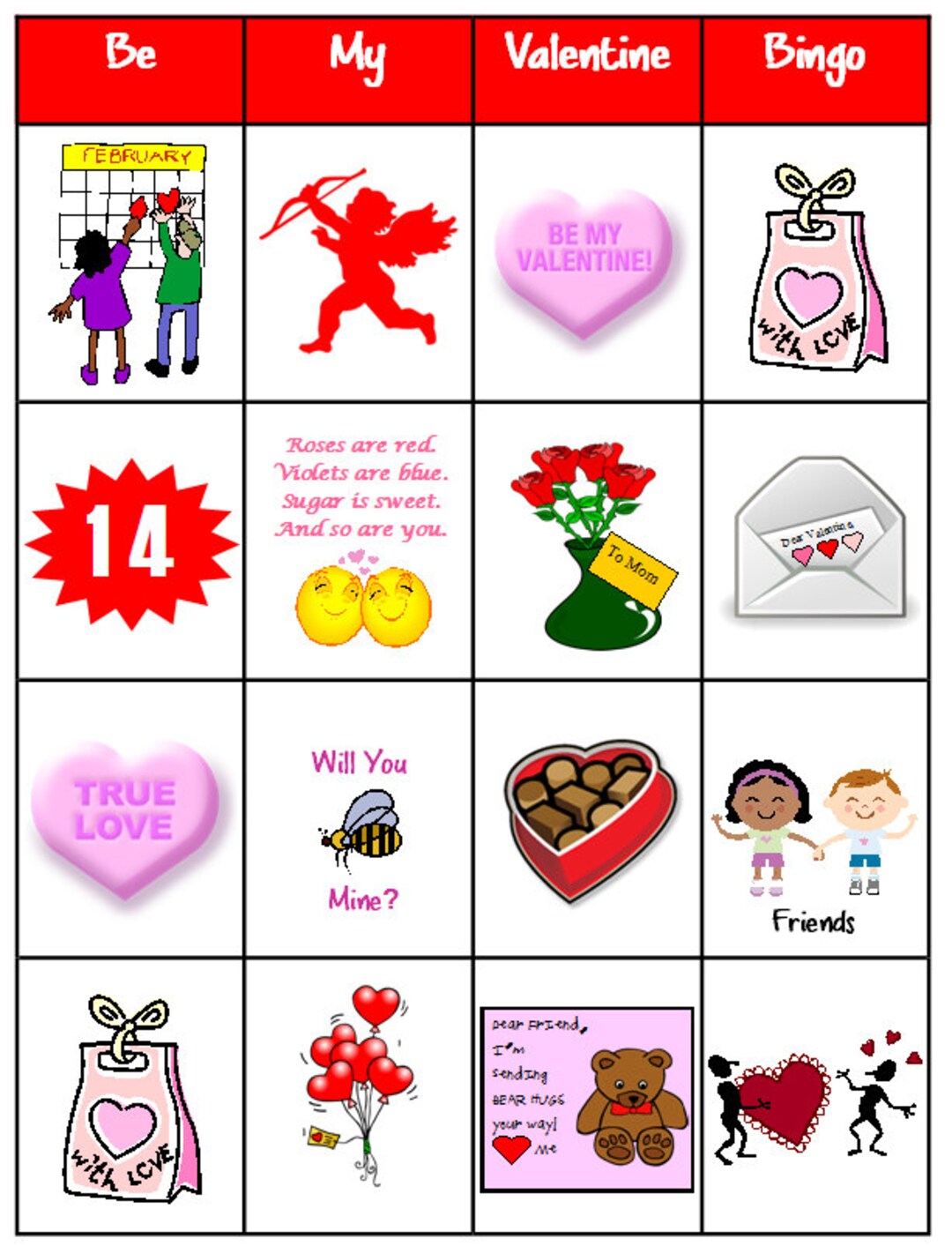 Printable Valentine Bingo - 50 Boards (4 X 4, 3 X 3. 1 X 4 Boards ...
