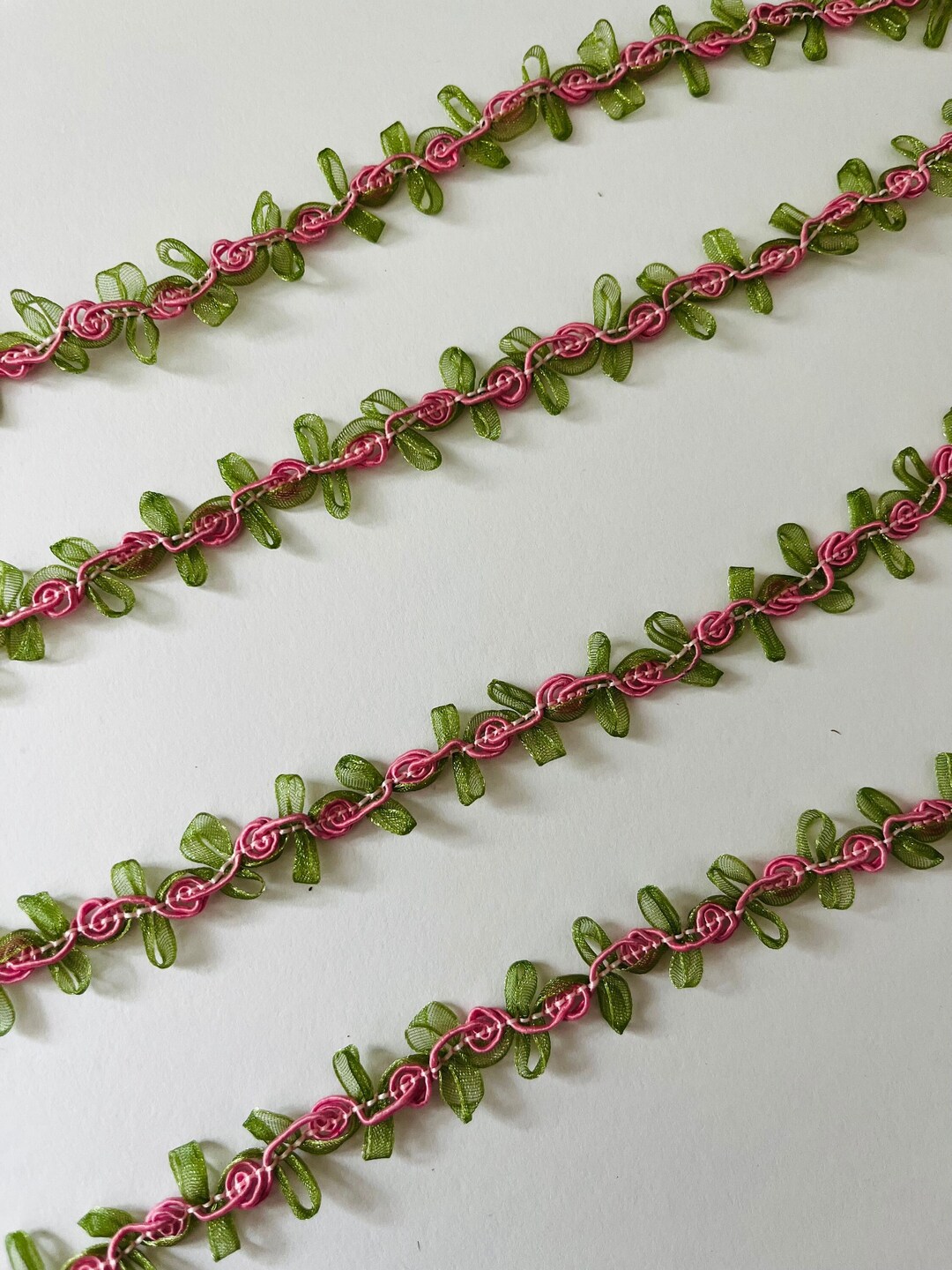 1 YARD Pink Mauve and Green Dainty Rococo Rosette Organza Loop Flower ...