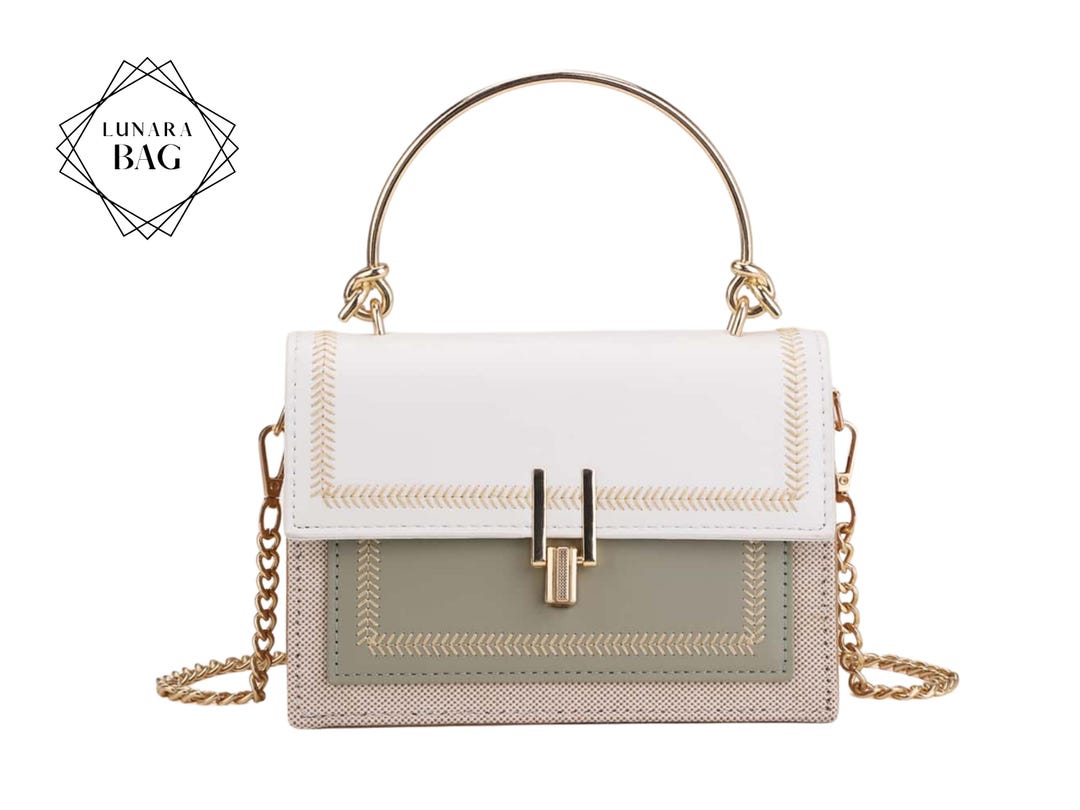 Color Block Leather Satchel Bag White Top Handle Chain Crossbody ...
