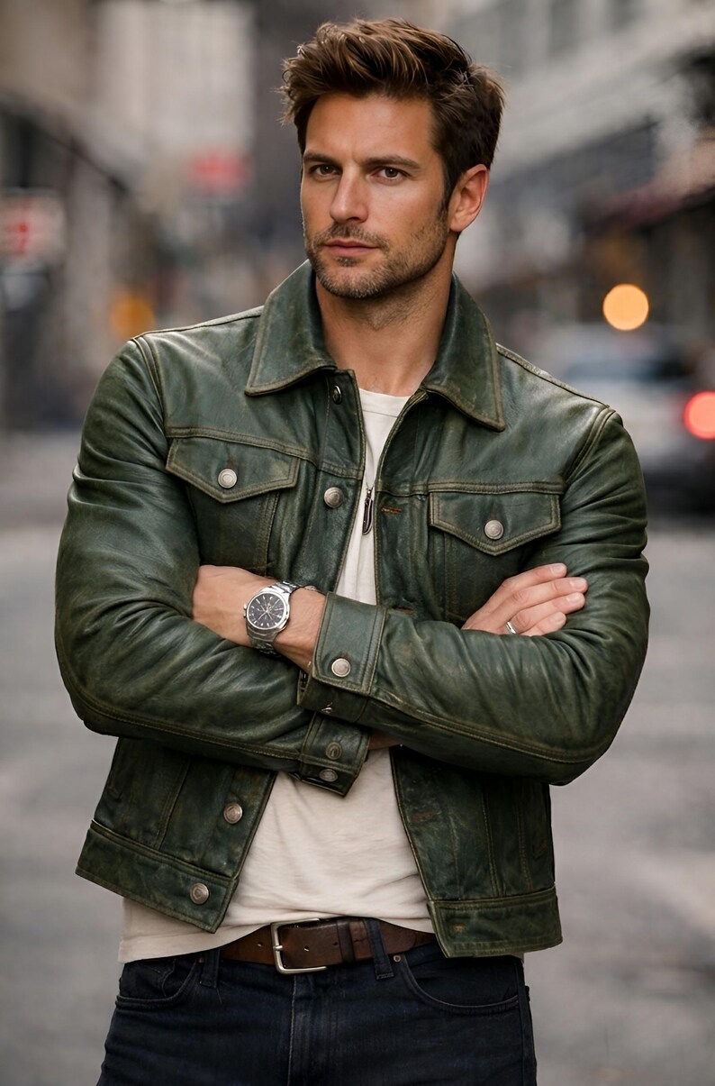 Men's Vintage Green Sheepskin Leather Trucker Jacket – Soft All-season ...