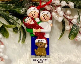 Family of 3 Baby and Dog Cat Pet Personalized Christmas Ornament Custom ...