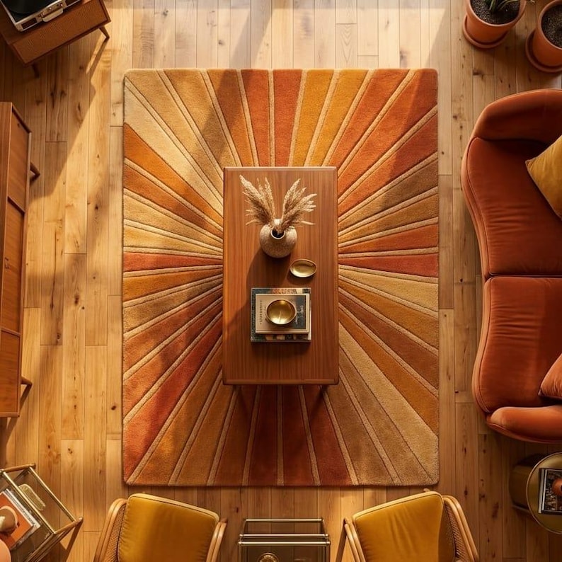 Sunburst Hand Tufted Rug, Orange Abstract Area Rug, Modern Retro Living ...