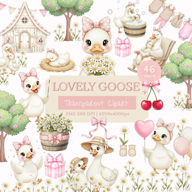 Cottagecore Lovely Goose Watercolor Clipart Set, Pink Baby Shower, Girl ...