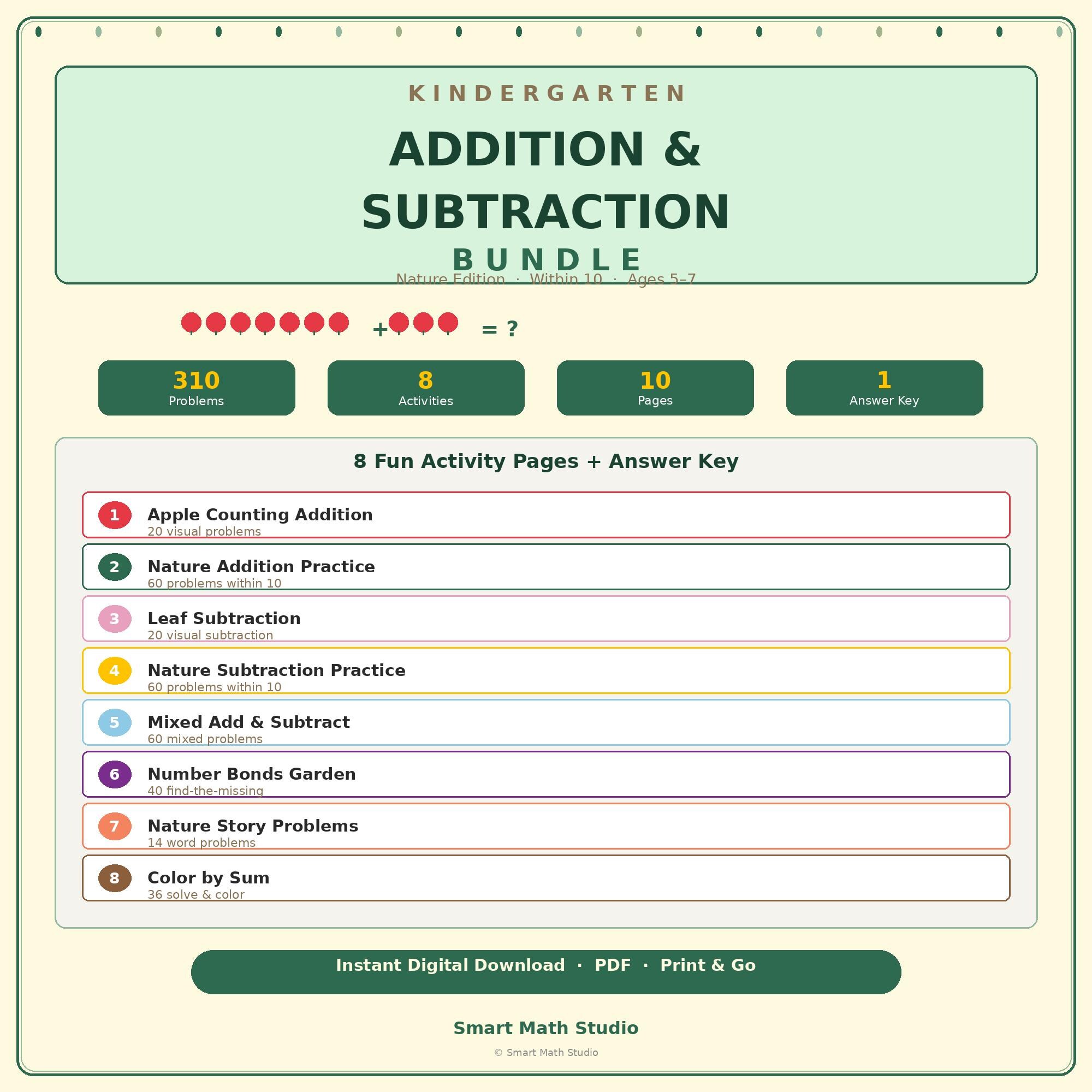 Kindergarten Math Worksheets: Addition Subtraction Bundle (nature ...
