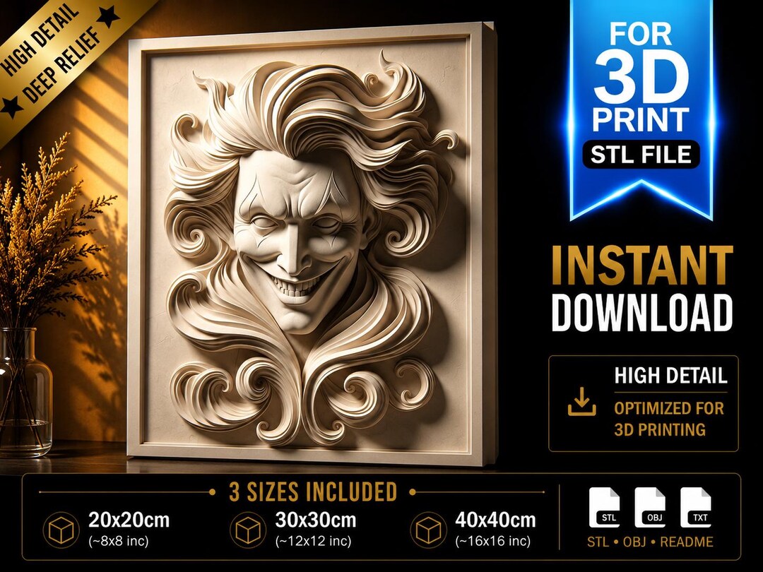 Joker Face STL 3D Print File Gothic Relief Wall Art Panel Digital ...