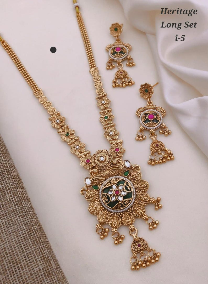 Antique Indian Heritage Long Necklace Set – Gold-plated Meenakari Kemp ...