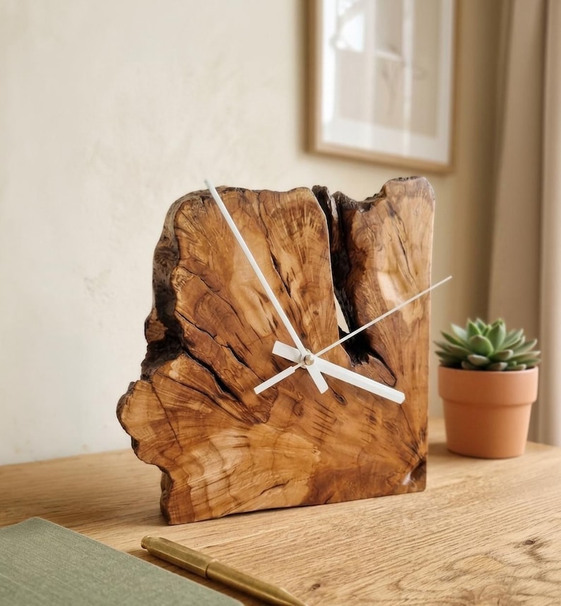 Handcrafted Olive Wood Table Clock, Rustic Modern Organic Decor ...
